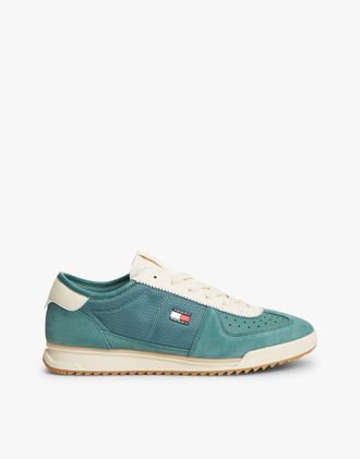 Tommy Jeans Retro Sneaker aus Leder mit gemischter Struktur und gezackter Sohle in Blaugr&uuml;n