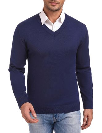 iClosam Pullover Herren Business Herrenpullover Basic Feinstrickpullover V Ausschnitt M&auml;nner Pulli Marineblau XXL