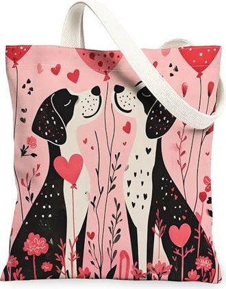 Generic Sac fourre-tout en toile r&eacute;utilisable pour la Saint-Valentin Motif chien pointeur allemand 33 x 38 cm, sac d&eacute;picerie amusant pour couple chiot imprim&eacute;