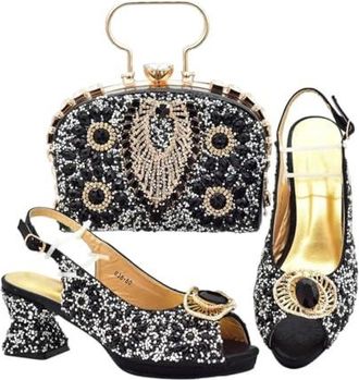 Generic Ensemble de chaussures et sac à main en strass pour femme Style nigérian avec sac à main en cristal pour robes de mariage, Noir, 41.5 EU
