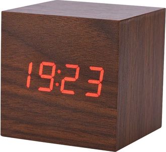 Dioche Digitaluhr, W&uuml;rfel Wecker 6x6x6cm, Holz Elektronische Digital Alarm Schreibtisch Uhr Temperatur LED Display Voice Control Braunes Holz + rotes Licht