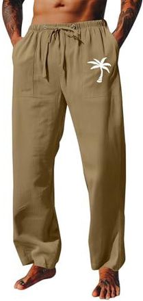 Generic Pantalon d&eacute;t&eacute; en lin respirant pour homme - Pantalon de plage blanc - Coupe ajust&eacute;e - Taille &eacute;lastique - Pantalon de jogging pour homme - Pantalon de 