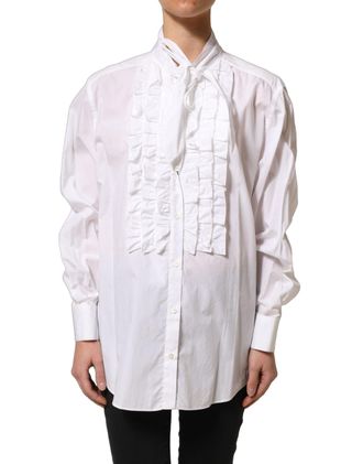 Dolce & Gabbana Womens White Ruffled Bib Long Sleeves Blouse Top Cotton