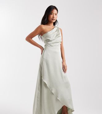 Tfnc Petite Robe longue asym&eacute;trique pour demoiselle dhonneur en satin &agrave; jupe portefeuille - Vert sauge