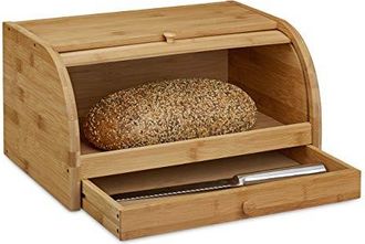 Relaxdays Rollbrotkasten mit Schublade, Bambus, aromadicht, Brotkasten mit Rolldeckel, HxBxT: 21 x 40,5 x 28 cm, Holz, natur