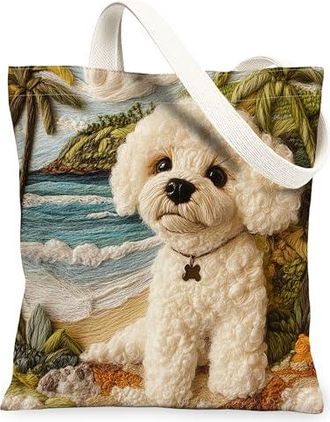 Generic Sac fourre-tout fantaisie en toile motif bichon fris&eacute; 33 x 38 cm, sac d&eacute;picerie r&eacute;utilisable pour femme, peinture danimaux domestiques, d&eacute;coration cad