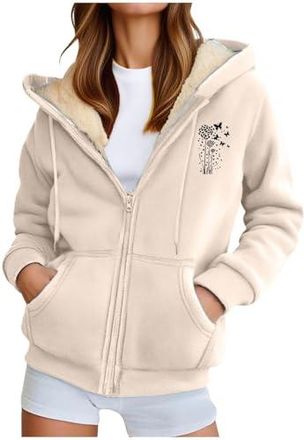 Generic Sweat-shirt en molleton doubl&eacute; pour femme avec capuche enti&egrave;rement zipp&eacute;e, sweat-shirt thermique avec impression de coeur, beige, M