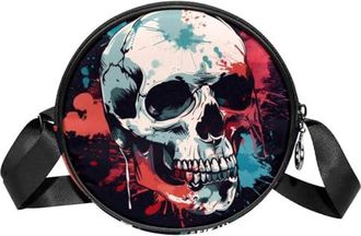 Generic Petit sac &agrave; bandouli&egrave;re rond pour femme, motif t&ecirc;te de mort, avec fermeture &eacute;clair, bretelles r&eacute;glables, style d&eacute;contract&eacute;, pour femmes et filles