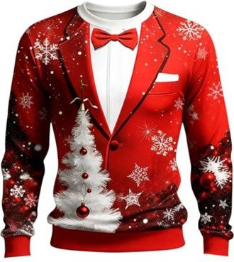 Generic Pull de No&euml;l moche pour homme avec noeud papillon rouge 3D imprim&eacute; arbre de No&euml;l blanc flocon de neige pull fantaisie festif pour f&ecirc;tes tenues d&eacute;contr