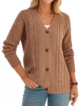 Grace Karin Damen Herbst Strickjacke Elegant V Ausschnitt mit Knöpfen Langarm Strickmantel S Braun