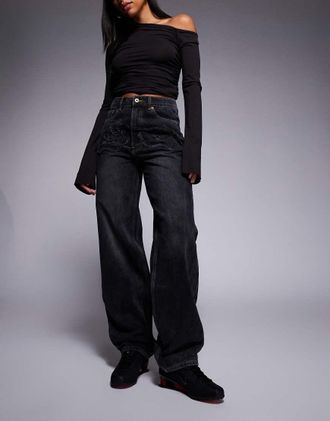 Icecream Jean effet us&eacute; &agrave; imprim&eacute; chien qui court - Noir d&eacute;lav&eacute;