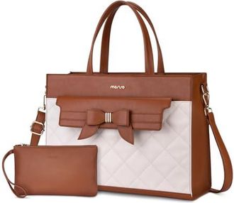 Mosiso Sac Tote Laptop 15,6 Pouces en Cuir PU avec Poche &agrave; Rabat, Tote & Pochette de Main avec Noeud Papillon, Sac Dordinateur Imperm&eacute;able Pour Bureau, Marro