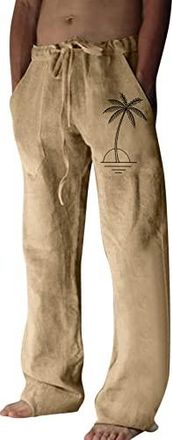 Generic Pantalon d&eacute;t&eacute; pour homme - Coupe ajust&eacute;e - Pantalon en lin avec imprim&eacute; - Pantalon de plage avec taille &eacute;lastique - Pantalon &agrave; enfiler - Pantalon long