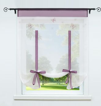 Joyswahl Raffrollo mit Tunnelzug Raffgardine Landhausstil Wohnzimmer Fenster Vorh&auml;nge Wei&szlig; Lichtdurchl&auml;ssig Schmetterling Muster Bestickt BxH 80x120cm Violett
