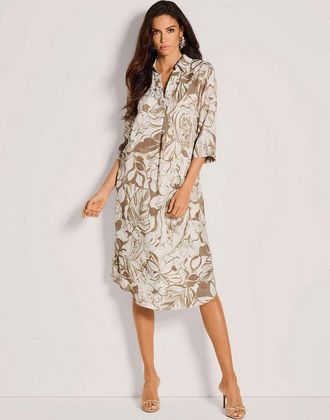 Madeleine Midikleid Viskosekleid mit floralem Design Midikleid mit Hemdkragen, V-Ausschnitt, Taschen, 3/4-Arm und Kniel&auml;nge