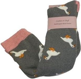 Generic Feathers & Fluff Paire de chaussettes en caoutchouc pour bottes Gris avec motif canard, bordure rose, Gris/rose, Taille unique