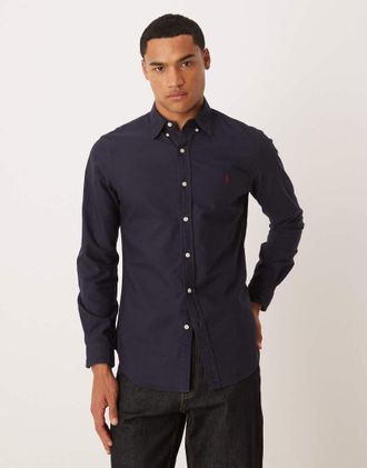 Polo Ralph Lauren Chemise Oxford ajust&eacute;e teinte en pi&egrave;ce &agrave; logo embl&eacute;matique - Bleu marine