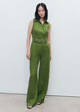 Mango Combinaison chemisier lin ceinture vert - Femme - XS - MANGO