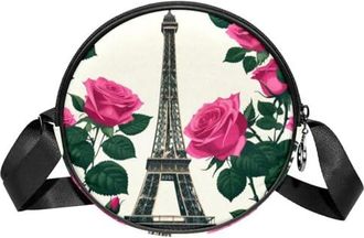 Generic Petit sac &agrave; bandouli&egrave;re rond pour femme, tour Eiffel rose, petit sac &agrave; bandouli&egrave;re avec fermeture &eacute;clair, bretelles r&eacute;glables, sac &agrave; main rond d&eacute;contr