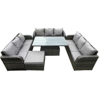 Fimous Patio Garten Dining Set Rattan M&ouml;bel Lounge Sofa H&ouml;henverstellbarer steigender Hubtisch mit gro&szlig;em Fu&szlig;hocker Dunkelgrau gemischt - Fimous