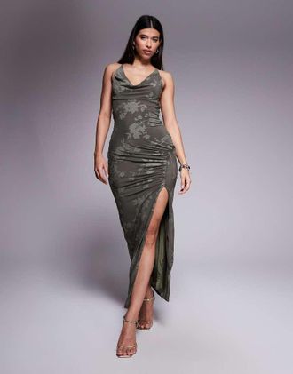 Asos Robe longue dos nu en dévoré à encolure bénitier et détails dorés au dos - Kaki-Vert