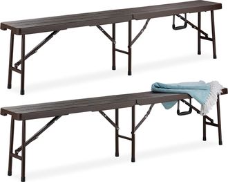Relaxdays Bierbank 2er Set, Faltbare Partybank f&uuml;r Balkon & Garten, Kunststoff, Campingbank, 42,5 x 179 x 24,5 cm, braun