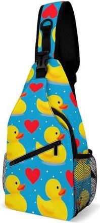 Generic Multifonction Sacoche Homme Bandouliere Canards en caoutchouc bleus et jaunes à pois et coeurs Sacs Poitrine Réglable,Mode Crossbody Bag pour école Ra