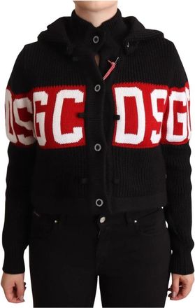 GCDS Kaschmir Kapuzen Cardigan Jacke mit Knopfleiste und Logo - - Knitwear - Damen - Schwarzk - XS