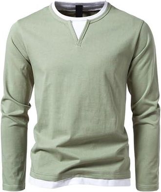 Generic Chemises &agrave; manches longues d&eacute;contract&eacute;es et col rond pour homme - Faux t-shirt deux pi&egrave;ces l&eacute;ger et respirant - Haut confortable pour printemps et aut