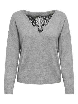 Only Rundhalspullover ONLANJA LS LACE MIX O-NECK ZL KNT mit Spitzeneinsatz am R&uuml;ckenausschnitt