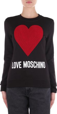 Love Moschino Slim fit Roundneck Long-Sleeved Sweatshirt in Stretch Cotton Fleece, Customized with Maxi Heart with Embroidered Flock Sequins and Logo Water Print