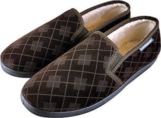 Dunlop Dunlop - Homme Confortables Eponge Memory Foam Fourrées Peluche Plaid Chaussons Pantoufles Mocassin (41 EU, Brown)