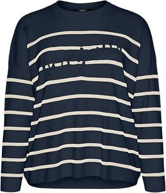Vero Moda Vmaria Bonjour Ls O-Neck Pullover GA Pull-Over, Noir/détails : Rayures Bouleau et Blazer Bleu Marine, L Femme