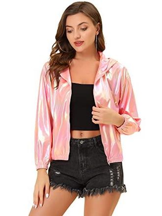Allegra K Femmes Holographique Brillant Manches longues Zipper Encapuchonné Métallique Veste Holographique Rose S