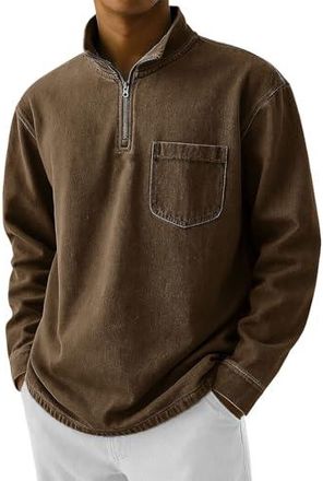 Generic T-shirt &agrave; manches longues pour homme et adulte avec poche, t-shirt de sport &agrave; fermeture &eacute;clair, pull &agrave; revers grande taille, t-shirt d&eacute;contract&eacute; confo