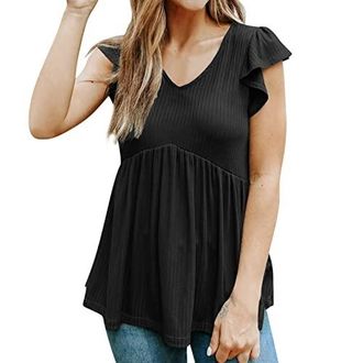 Janly T-shirts femmes des ann&eacute;es 80 Haut d&eacute;t&eacute; pour femme avec col en V Manches &agrave; volants pour une &eacute;l&eacute;gance d&eacute;contract&eacute;e T-shirt design swing T-shirt grandes