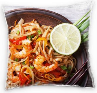Paul Sinus Art Macro, asiatisches Essen, Garnelen, orange, gr&uuml;n Deko Kissen 40x40cm f&uuml;r Couch Sofa Lounge Zierkissen - Dekoration zum Wohlf&uuml;hlen