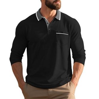 Generic Polo &agrave; manches longues pour homme avec poche en coton boutonn&eacute;e pour affaires et bureau - Pull d&eacute;contract&eacute; 2026, Noir, 3XL