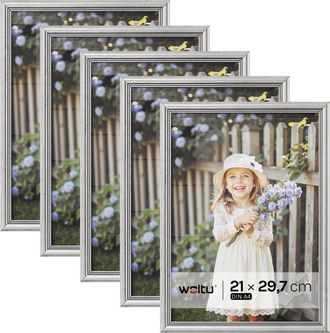 Woltu Bilderrahmen, 21,9 x 30 cm, A4, Rahmen aus Massivholz, mit Passepartout, horizontal oder vertikal aufhängen, Dekoration für Wand oder Tisch, silberfar