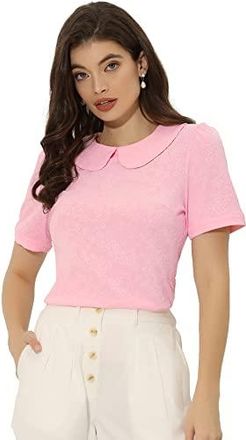 Allegra K Chemisier à col Claudine pour Haut Kawaii à Manches Courtes en Jacquard Floral pour Femme Rose XL