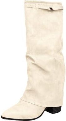 Generic Bottes hautes pour femme - Large mollet - Pliables - &Eacute;l&eacute;gantes - Talon bloc &eacute;pais - Polyvalentes et confortables - Pour lautomne et lhiver, beige, 40.