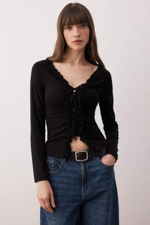 Trendyol Einfarbige, taillierte Bluse, lang - Schwarz