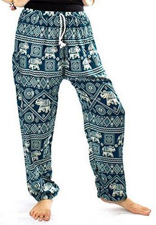 Lofbaz Womens Elephants Stamp Drawstring Harem Boho Pants Teal Vert XL
