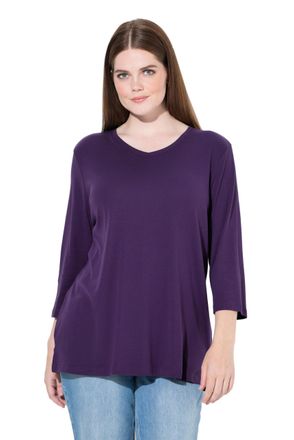 Ulla Popken Damen gro&szlig;e Gr&ouml;&szlig;en &Uuml;bergr&ouml;&szlig;en Plus Size Shirt, Rippjersey, V-Ausschnitt, 3/4-Arm, Biobaumwolle dunkelviolett 58+ 749141844-58+