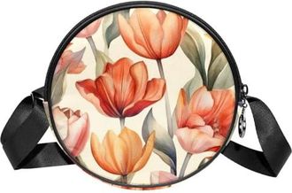 Generic Sac &agrave; bandouli&egrave;re rond pour femme, motif fleurs de tulipe, petit sac &agrave; bandouli&egrave;re avec fermeture &eacute;clair, bretelles r&eacute;glables, sac &agrave; main rond d&eacute;contr