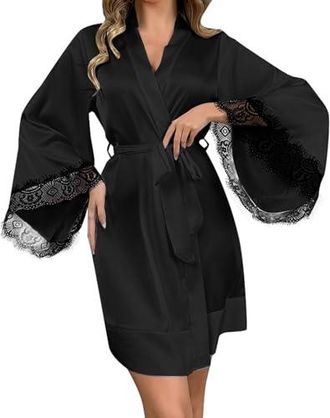 Generic Peignoir en soie pour femme avec bordure en dentelle et manches 3/4 - Kimono sexy - V&ecirc;tement de nuit confortable avec poches, Noir, S