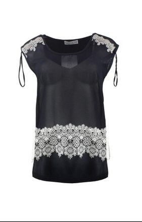 Passioni Blusentop transparent in schwarz mit wei&szlig;er Spitze