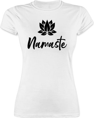 Shirtracer Shirt Damen - Yoga und Wellness Geschenk - Namaste mit Lotusbl&uuml;te schwarz - S - Wei&szlig; - Tshirt Yoga-Bekleidung Meditation Lotus t-Shirts Oberteil Yoga-