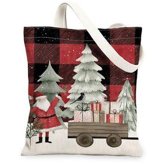 Generic Sac fourre-tout en toile motif sapin de No&euml;l, vintage, rustique, sac &agrave; provisions r&eacute;utilisable, l&eacute;ger et lavable, Rouge, 13x15 Inch