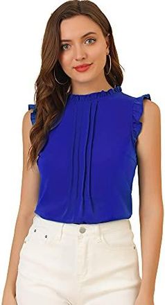 Allegra K Femmes Garniture à Volants sans Manches Plaine plissée Ample Chemisier Top Halloween déguisement Bleu Royal L